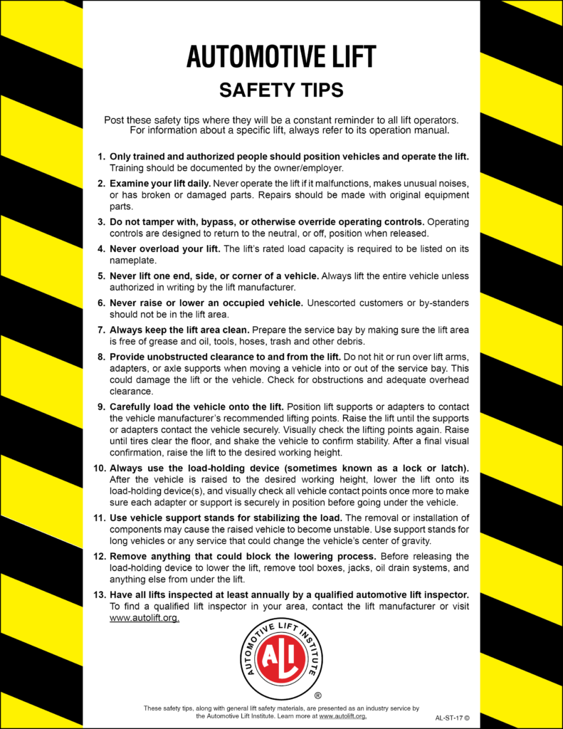 ALI Automotive Lift Safety Tips Card – Autolift.org